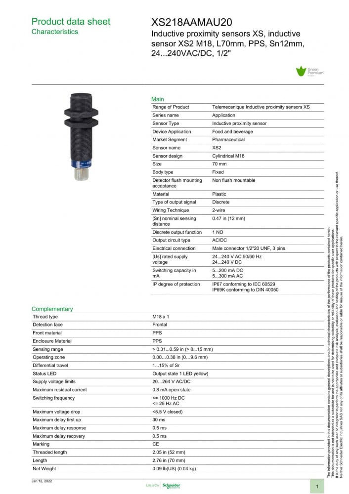 XS218AAMAU20 technical document page 1