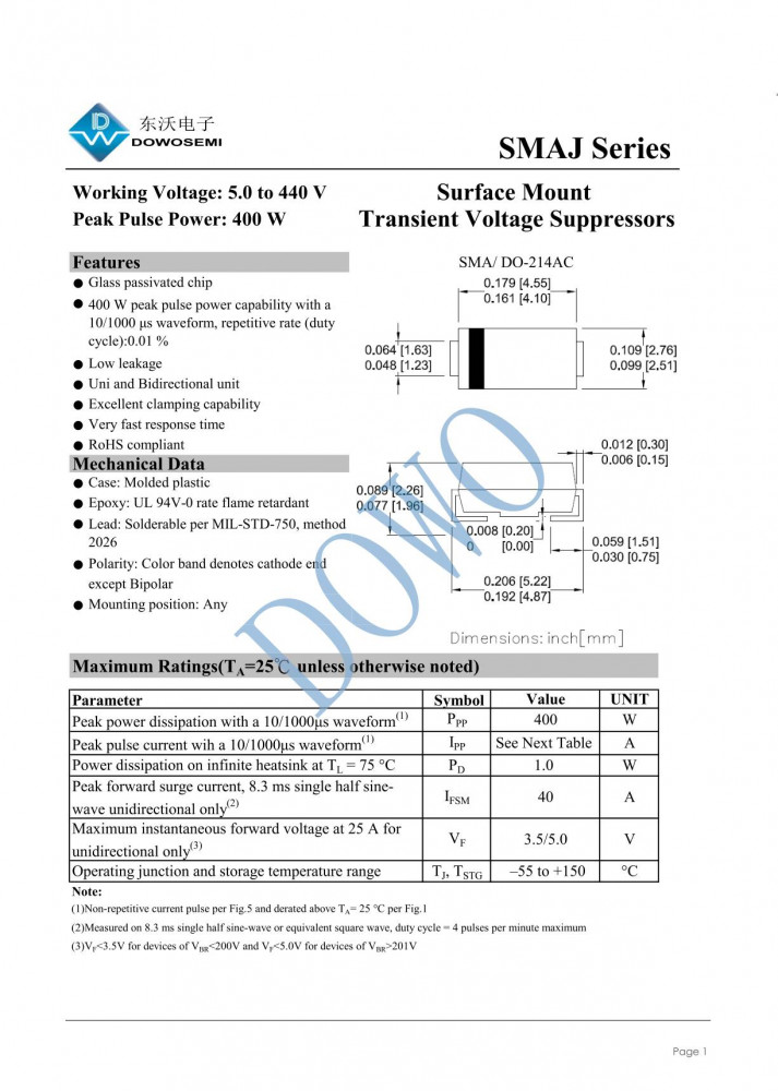 DOWO SMAJ series datasheet page 1
