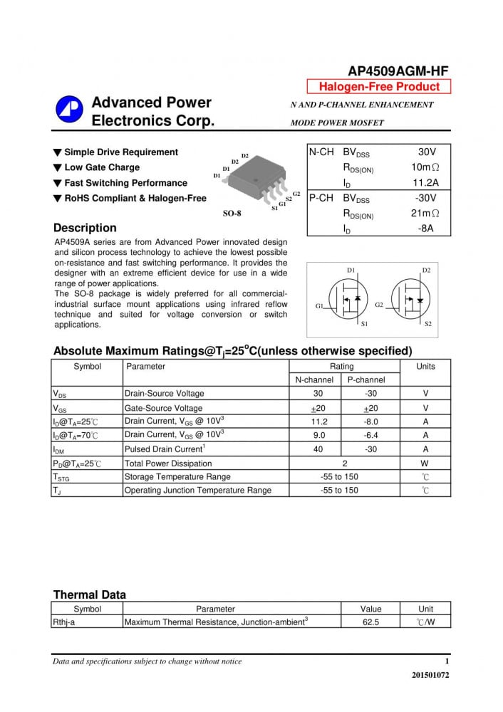 AP4509AGM datasheet page 1