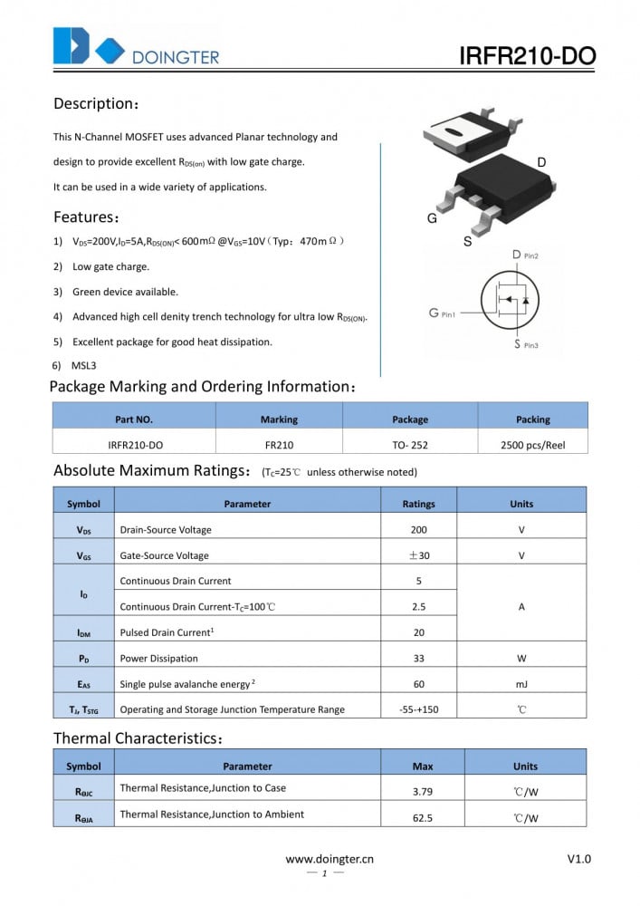 IRFR210-DO datasheet page 1