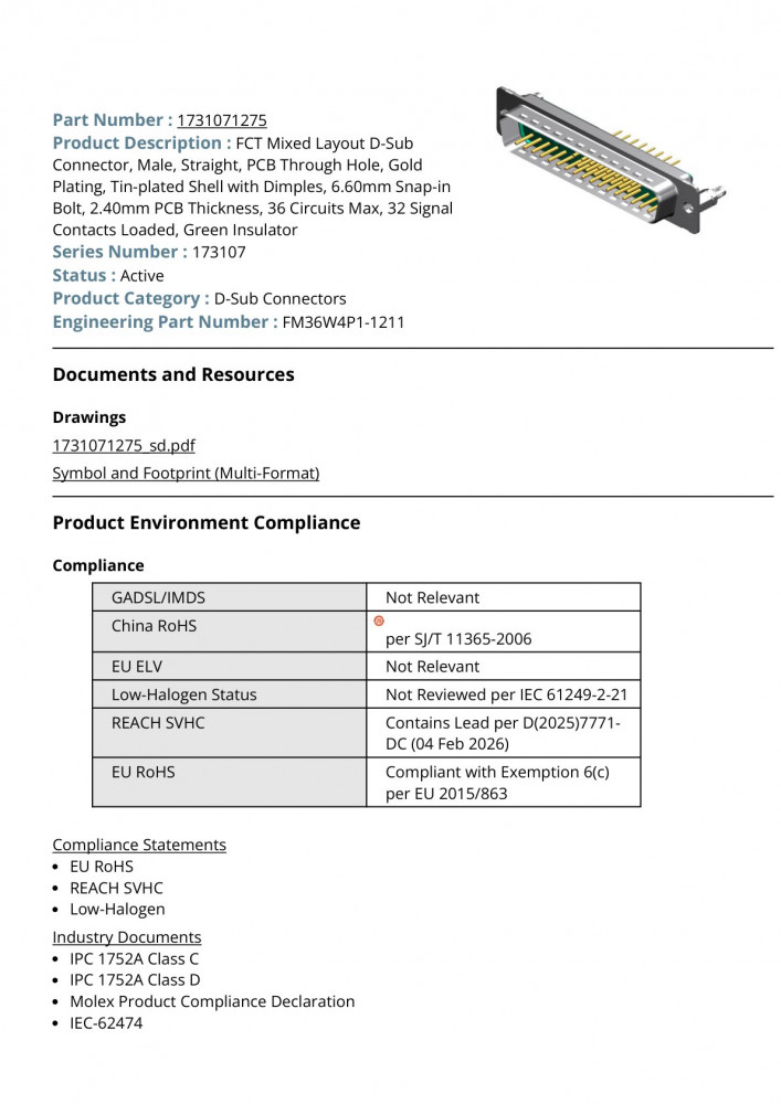 MOLEX 1731071275 technical drawing page 1