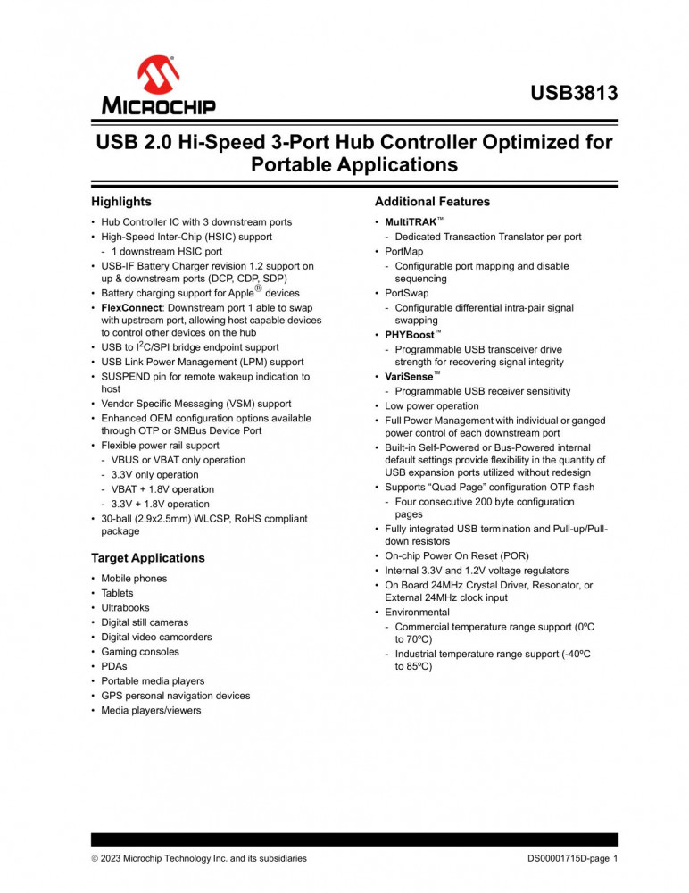 USB3813 datasheet preview, page 1