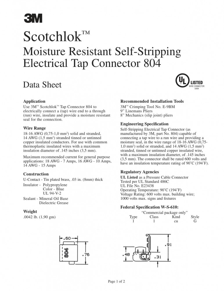 3M Scotchlok 804 datasheet and installation reference page 1