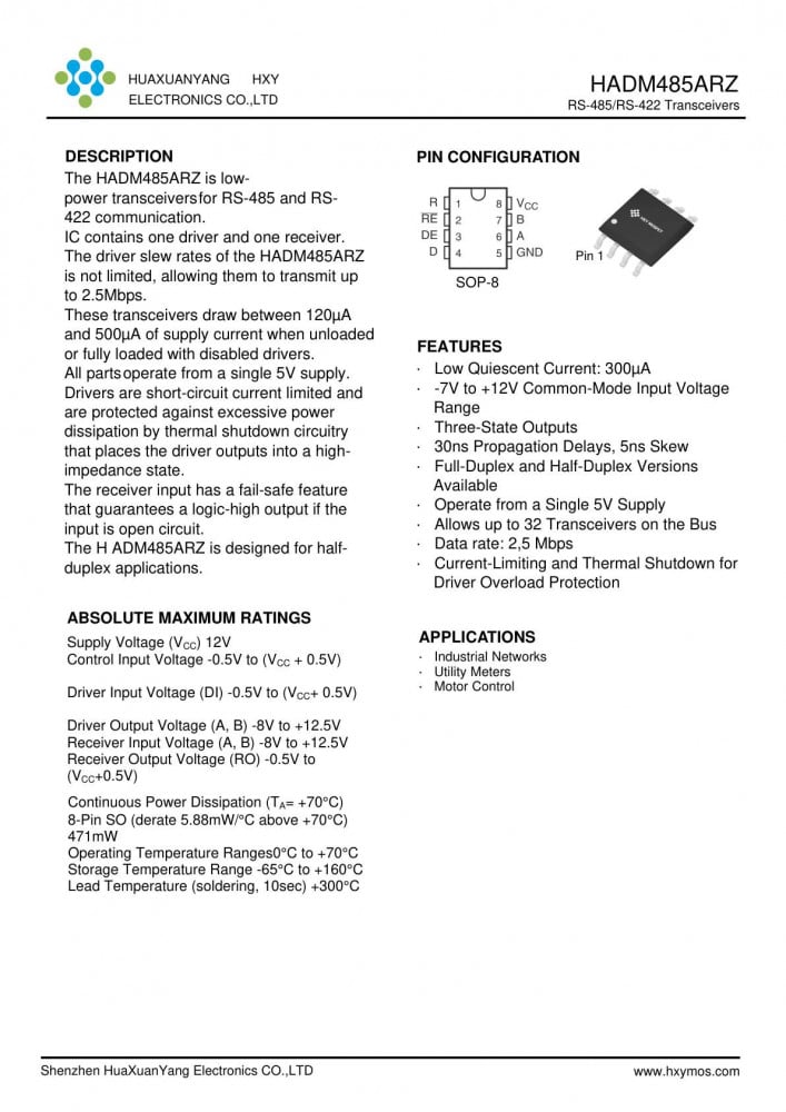 HADM485ARZ datasheet page 1