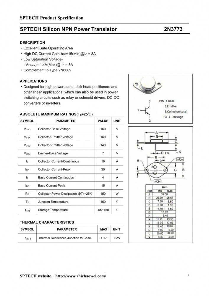SPTECH 2N3773 datasheet page 1