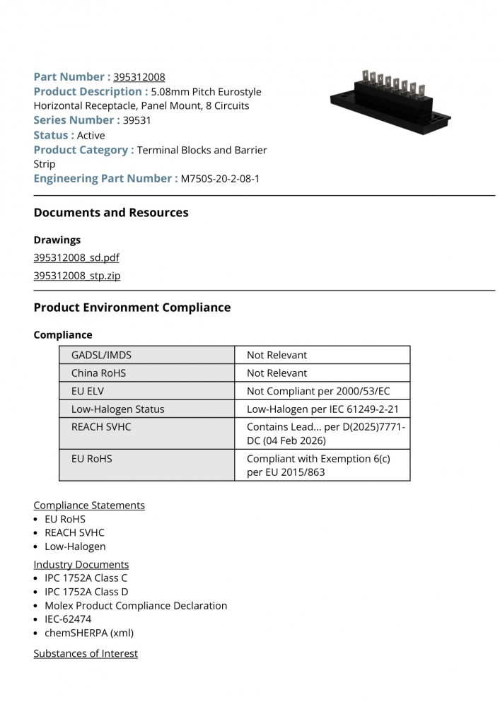 MOLEX 395312008 technical drawing preview, page 1