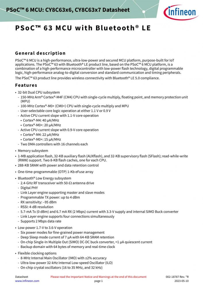 CY8C6347BZI-BLD53 document page 1