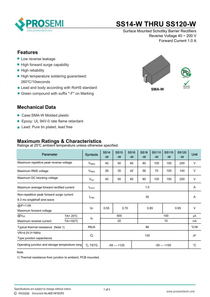 SS14-W datasheet page 1