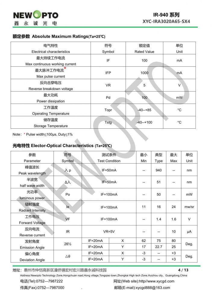 XYC-IRA3020A65-SX4 datasheet page 4