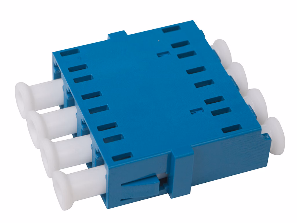 LC/UPC One Body Adapter, Quad, Multimode, Aqua Body, Ceramic Alignment Sleeve, Small Flange, Snap Mount, Plastic Clip for sale