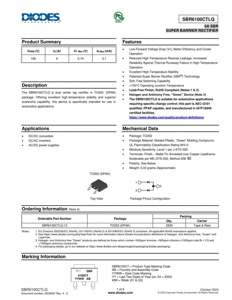 SBR6100CTLQ-13 datasheet page 1