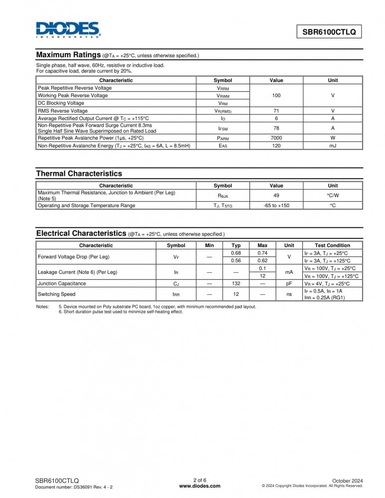 SBR6100CTLQ-13 datasheet page 2