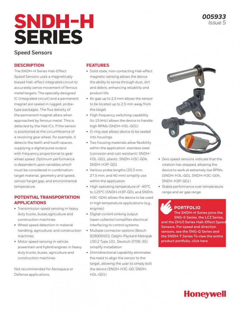 Honeywell SNDH-H series product document page 1
