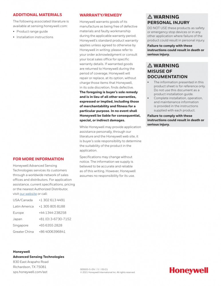 Honeywell SNDH-H series product document page 4