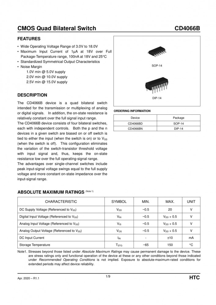 CD4066BN datasheet page 1