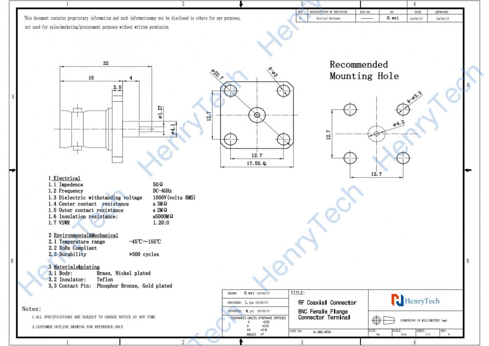 HenryTech HL-BNC-KFD4 technical drawing page