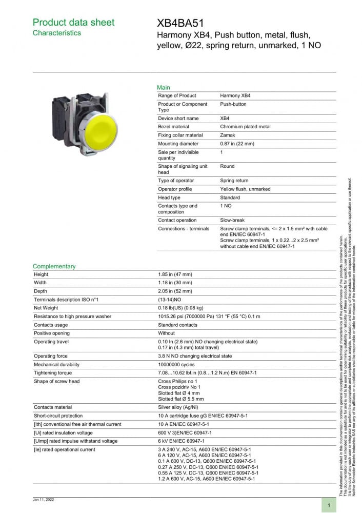XB4BA51 technical document page 1