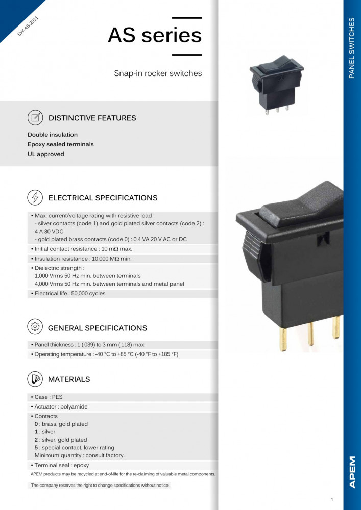 APEM AS series datasheet page 1