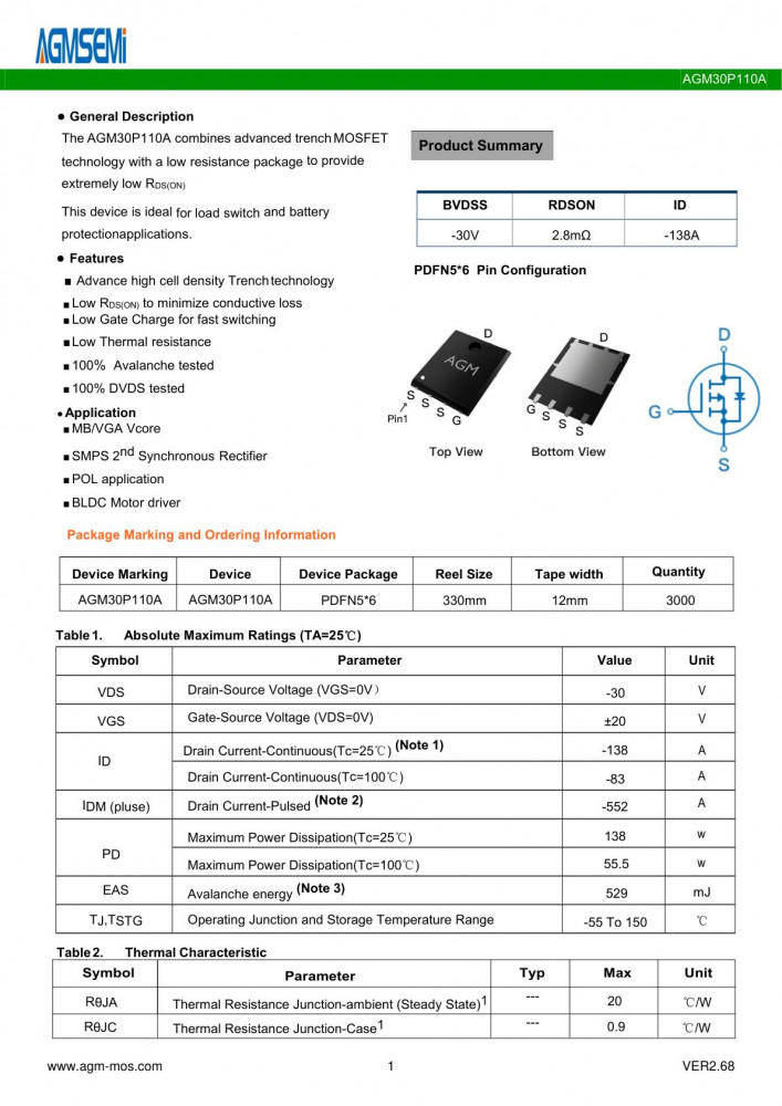 AGM30P110A technical document page 1