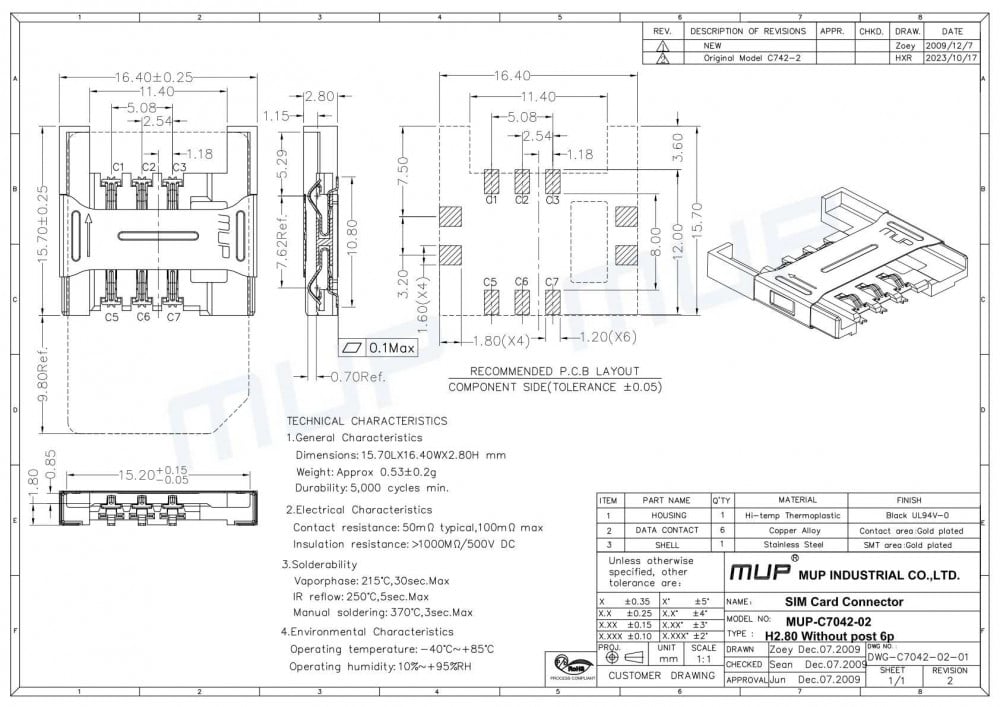 MUP C7042-02 SIM card connector customer drawing