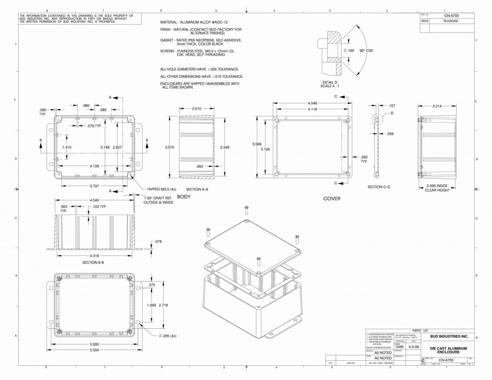 CN-6705 die-cast aluminum enclosure product drawing