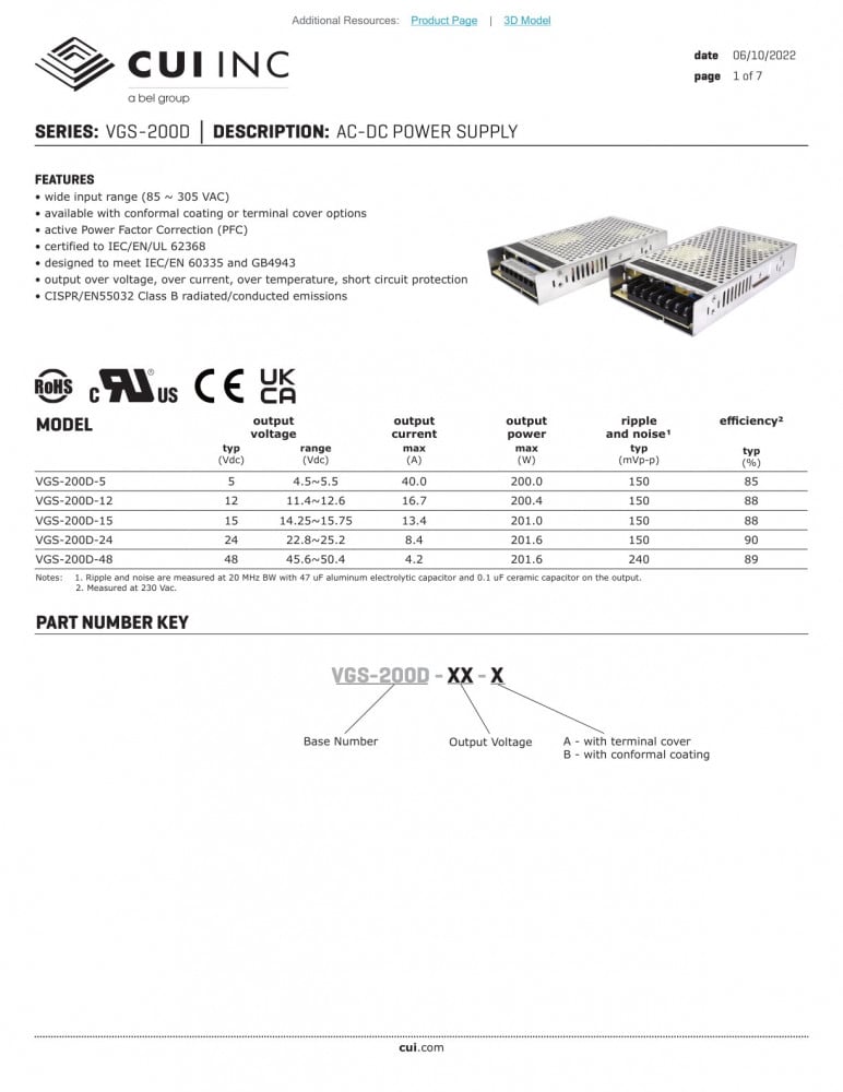 CUI VGS-200D series datasheet page 1