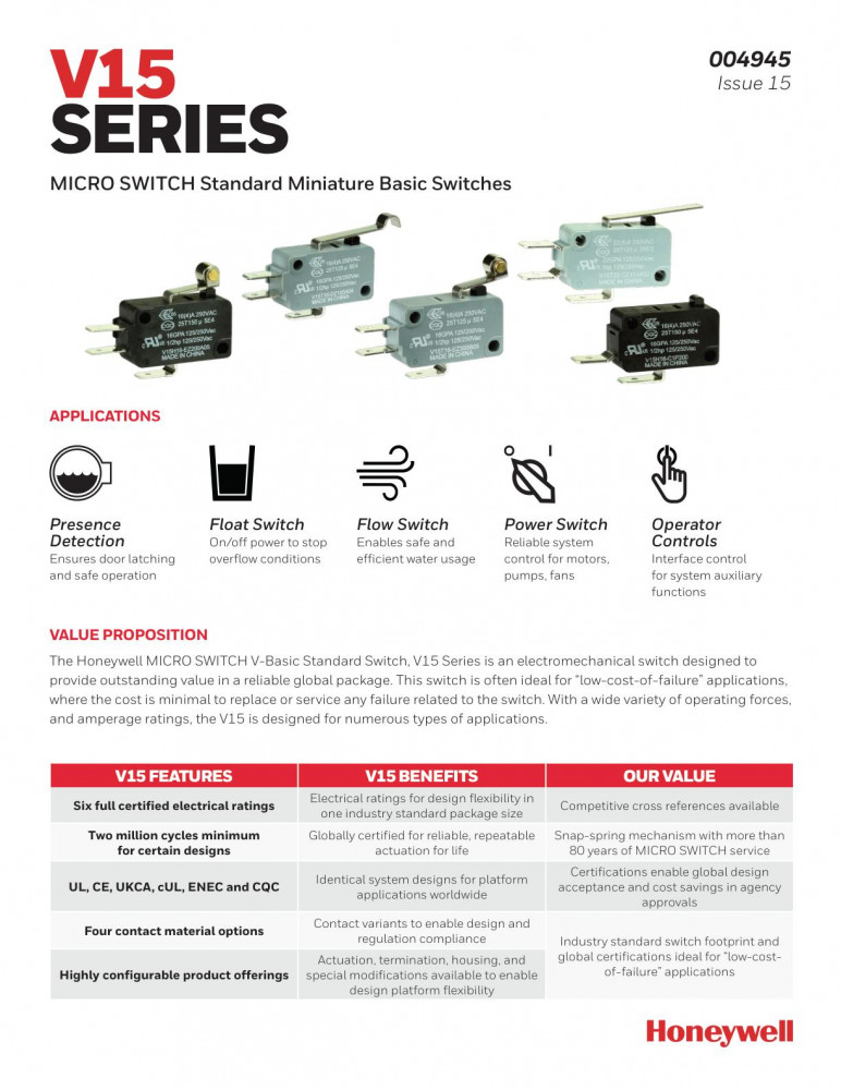 Honeywell V15 Series datasheet page 1