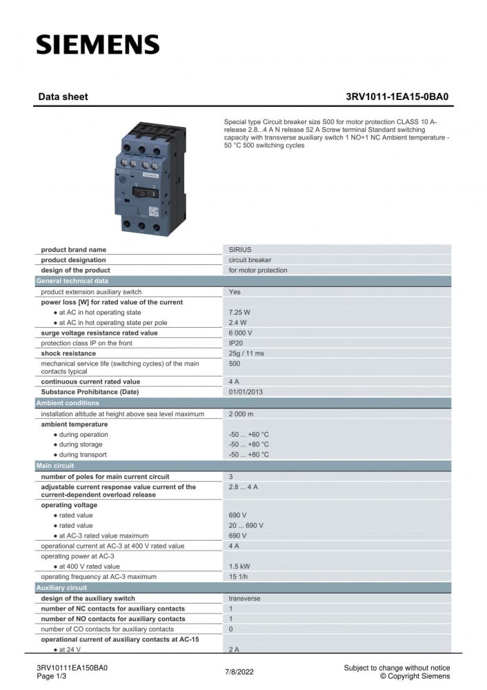 SIEMENS 3RV10111EA150BA0 technical document page 1