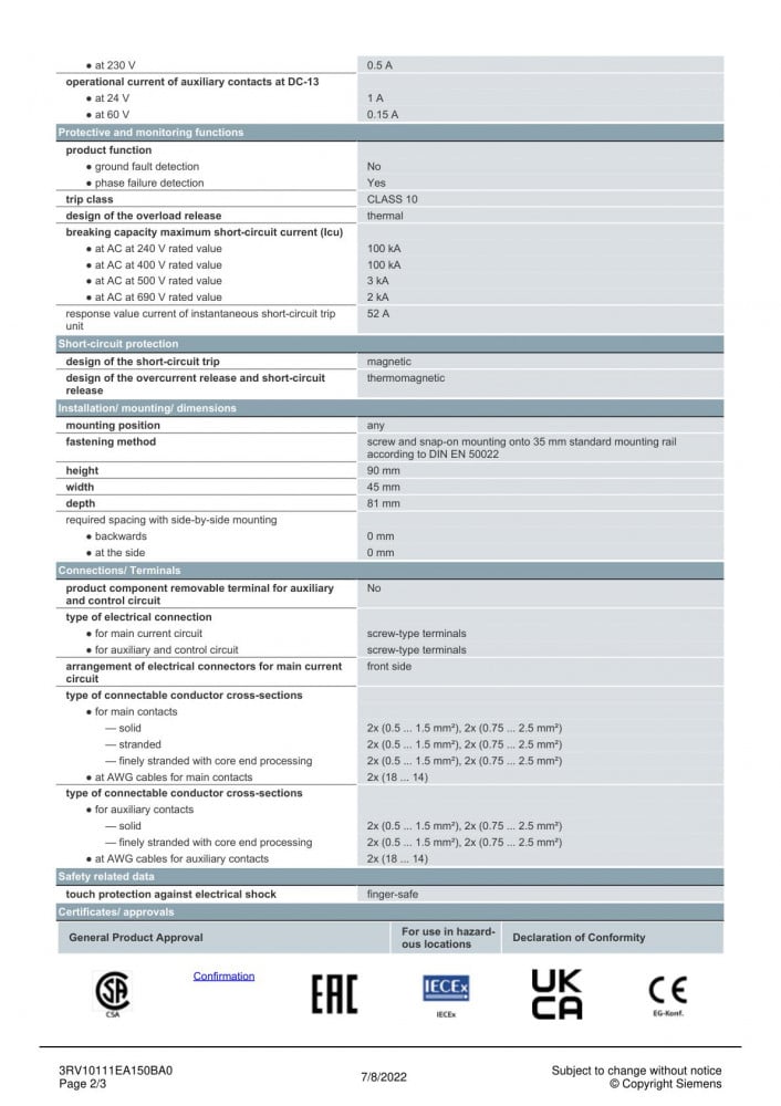 SIEMENS 3RV10111EA150BA0 technical document page 2