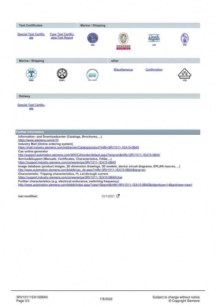 SIEMENS 3RV10111EA150BA0 technical document page 3