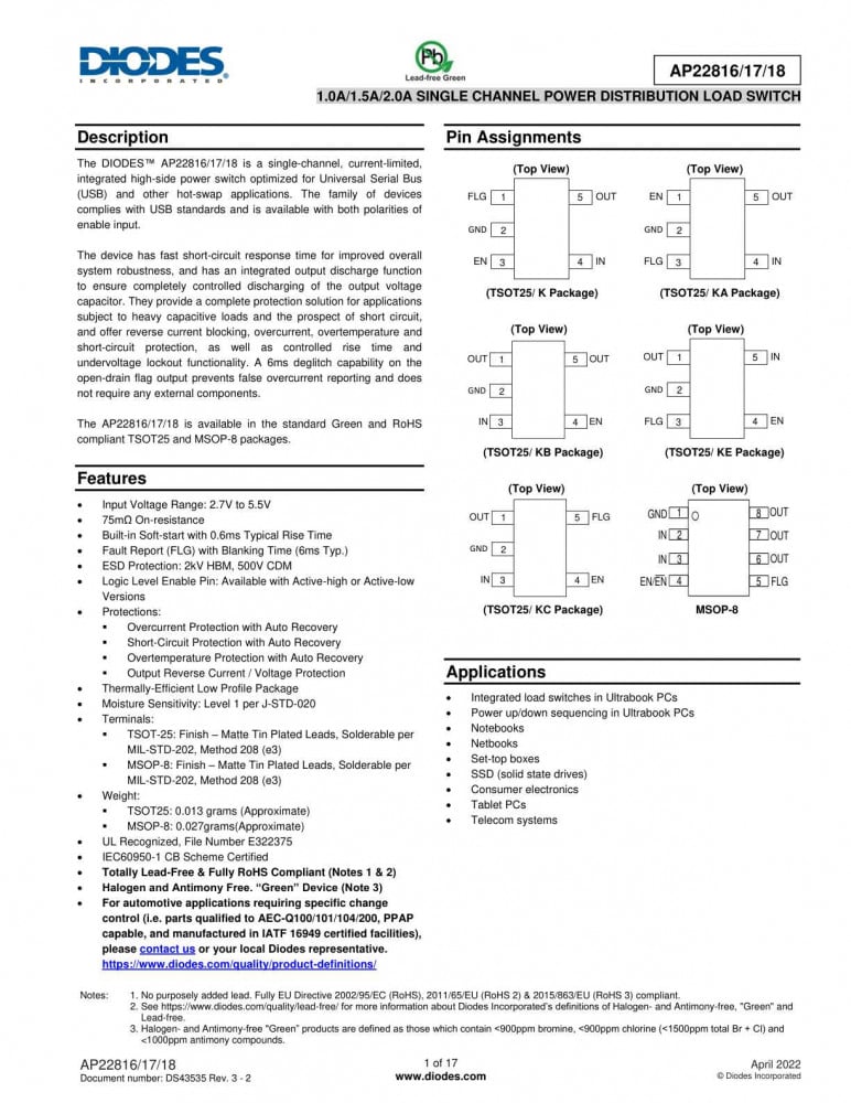 AP22818AKWT-7 datasheet page 1