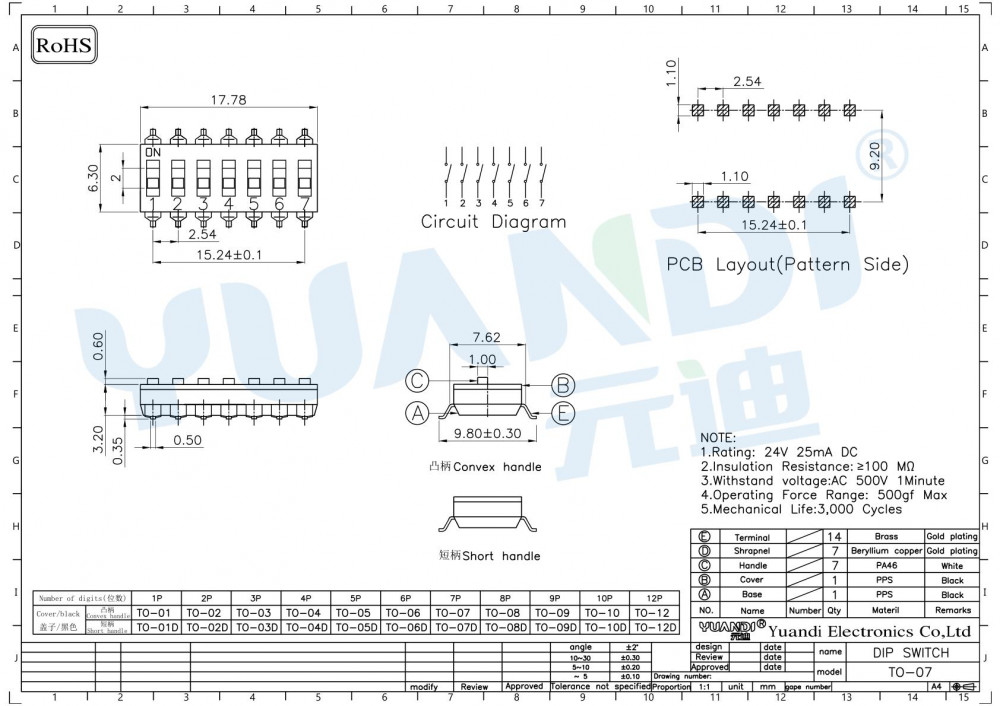 YUANDI TO-07 DIP switch technical drawing