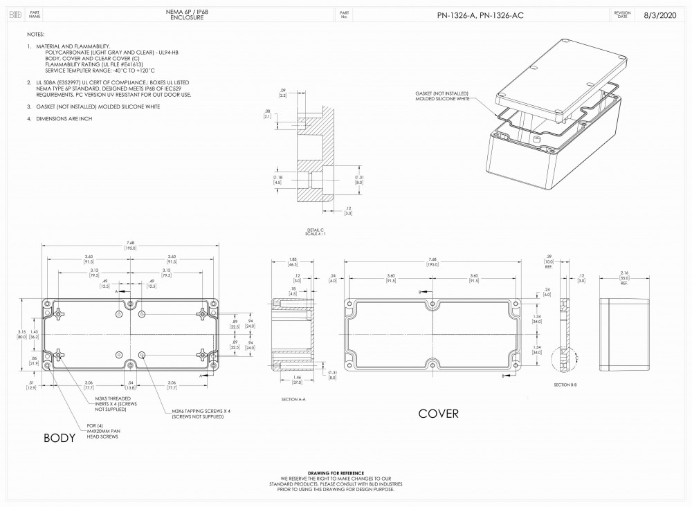 PN-1326-AC product drawing and enclosure details