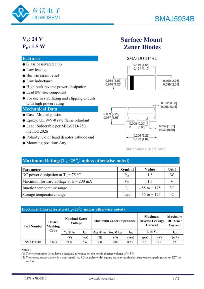 SMAJ5934B datasheet page 1