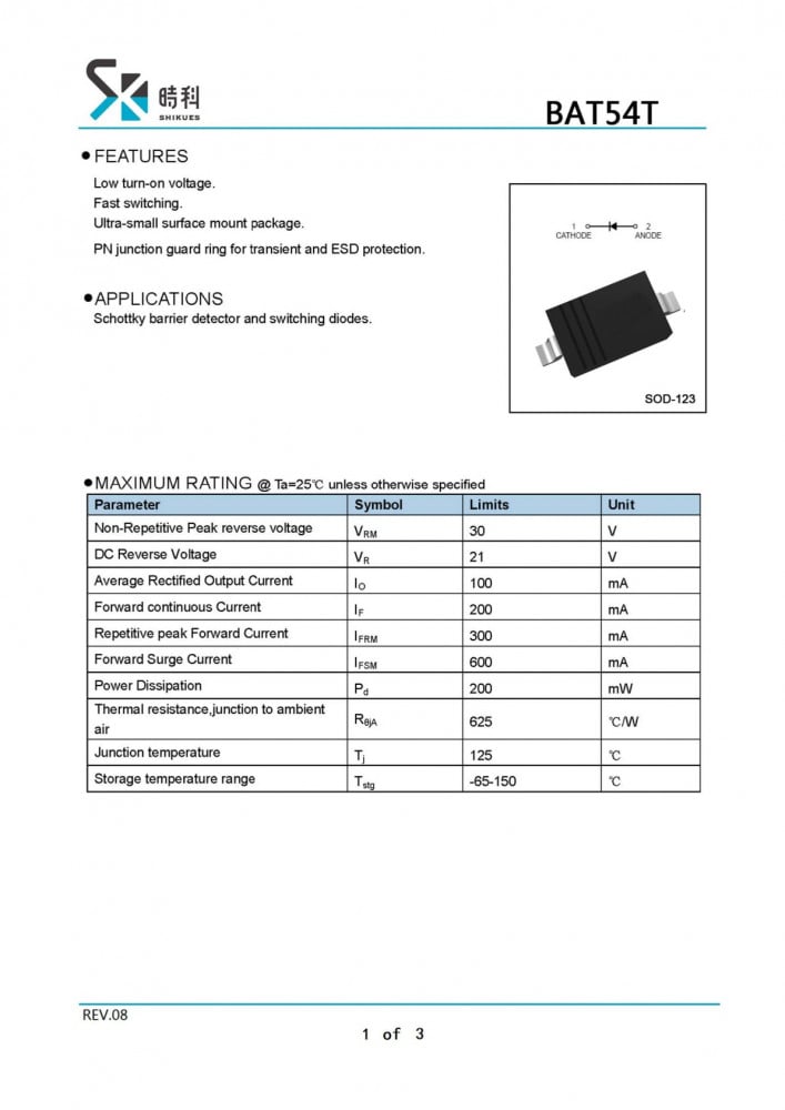 BAT54T datasheet page 1