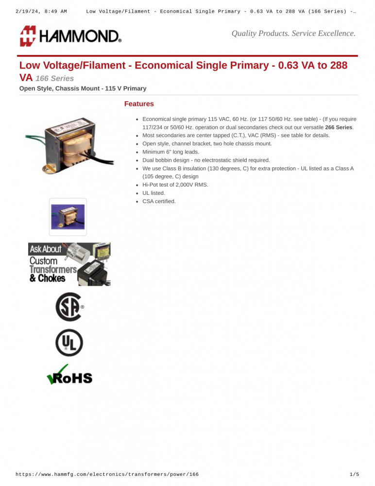 Hammond 166 Series technical document page 1