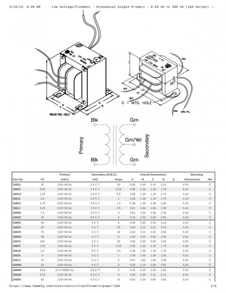 Hammond 166 Series technical document page 2
