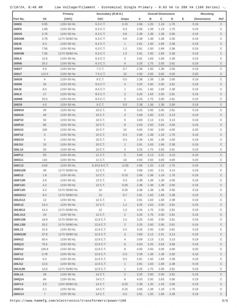 Hammond 166 Series technical document page 3