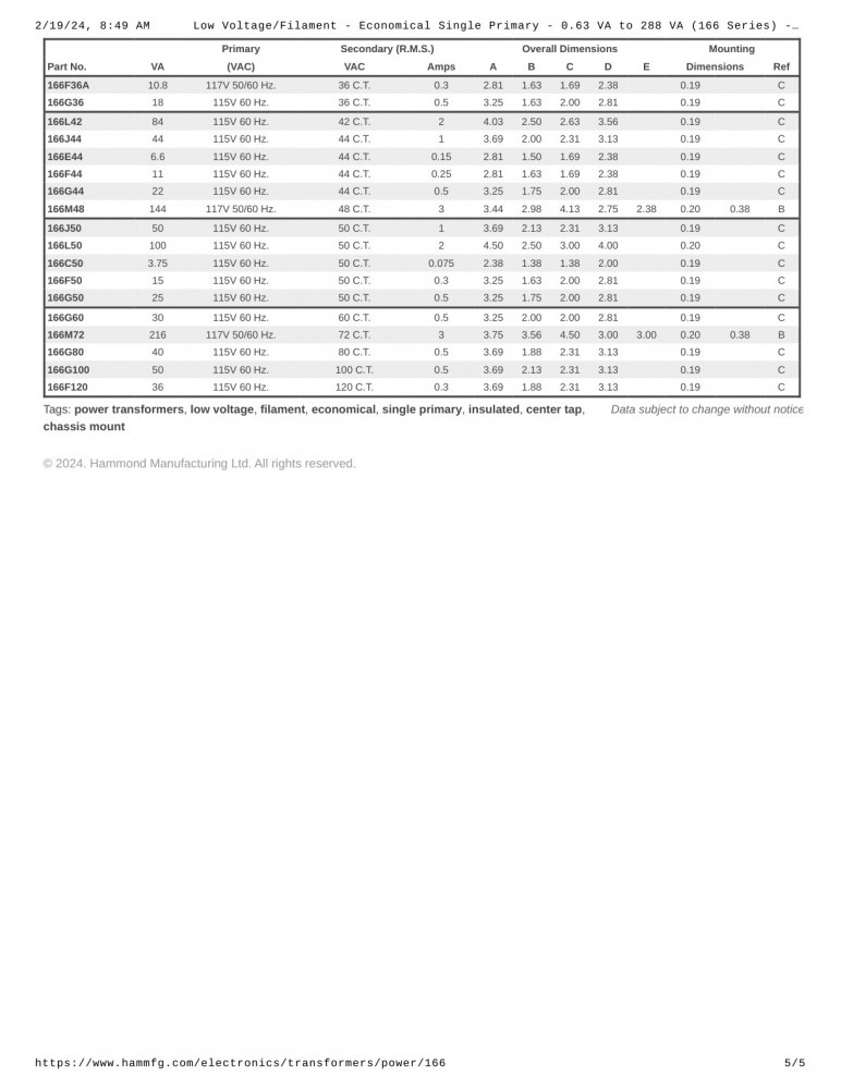 Hammond 166 Series technical document page 5