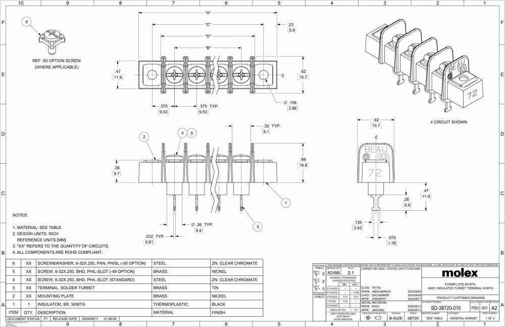 Manufacturer product drawing, page 1, for the 38720 insulated turret terminal assembly