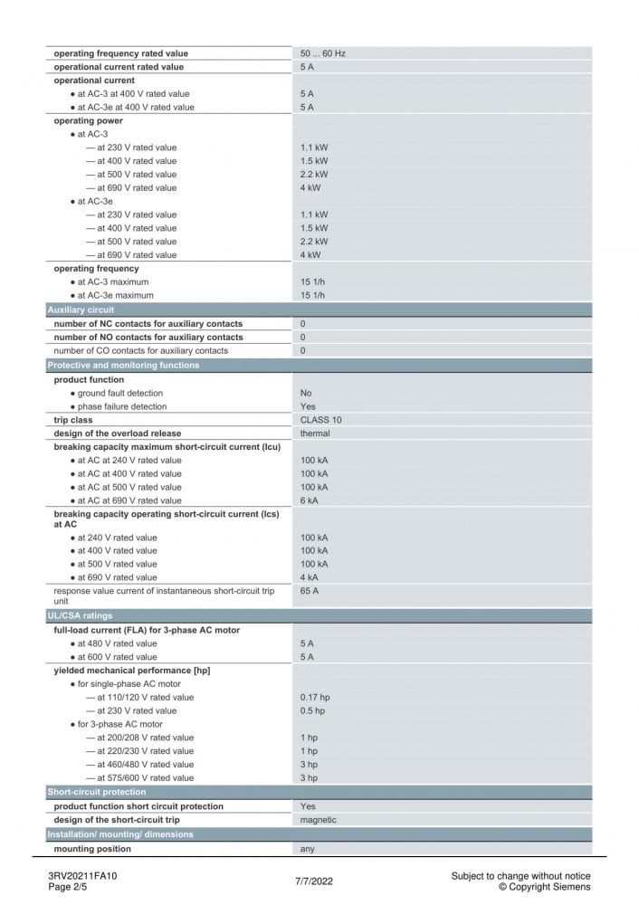 3RV20211FA10 datasheet page 2