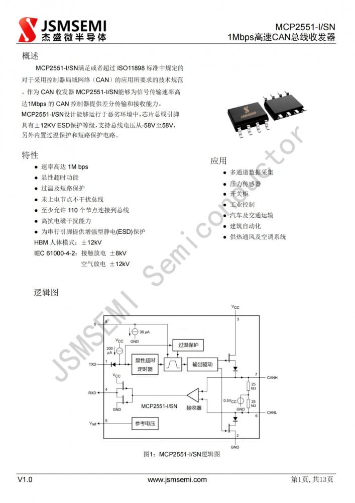 MCP2551-I/SN-JSM technical document page 1