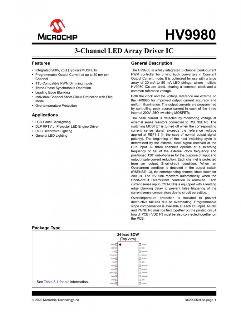 HV9980 datasheet page 1
