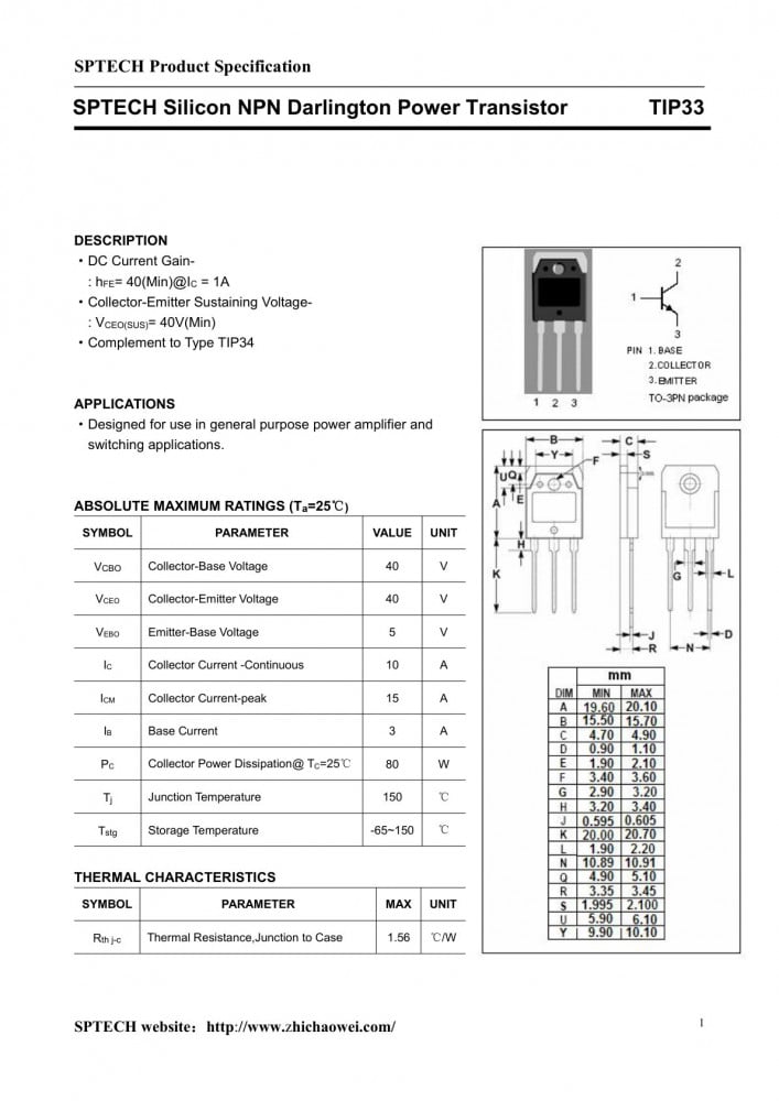 SPTECH TIP33 datasheet page 1