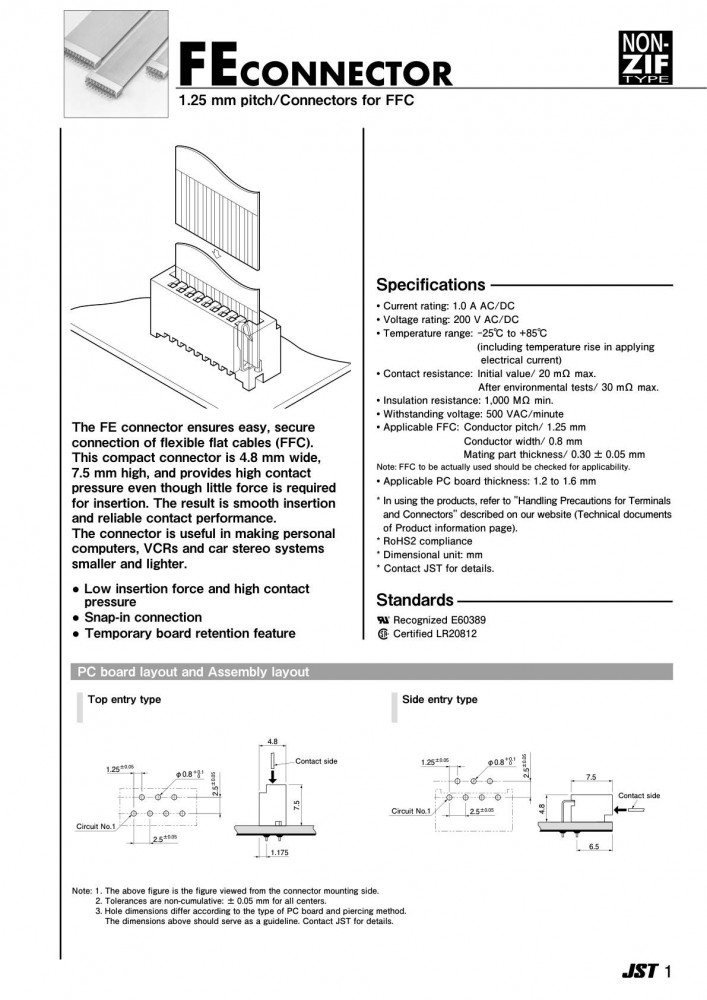 JST FE connector datasheet page 1
