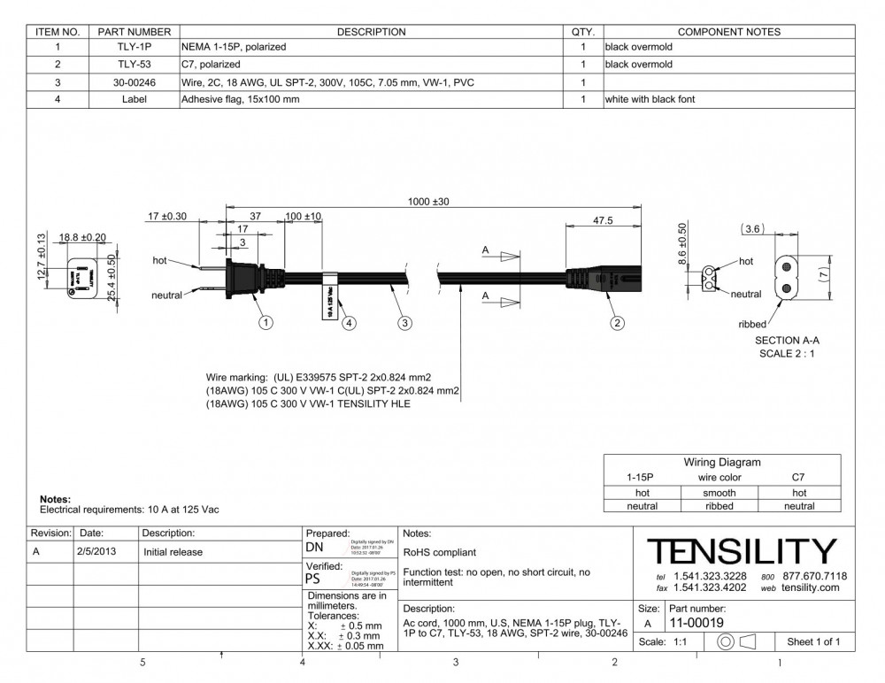 Tensility International 11-00019 AC cord assembly drawing
