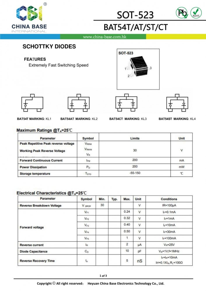 CBI BAT54AT datasheet page 1