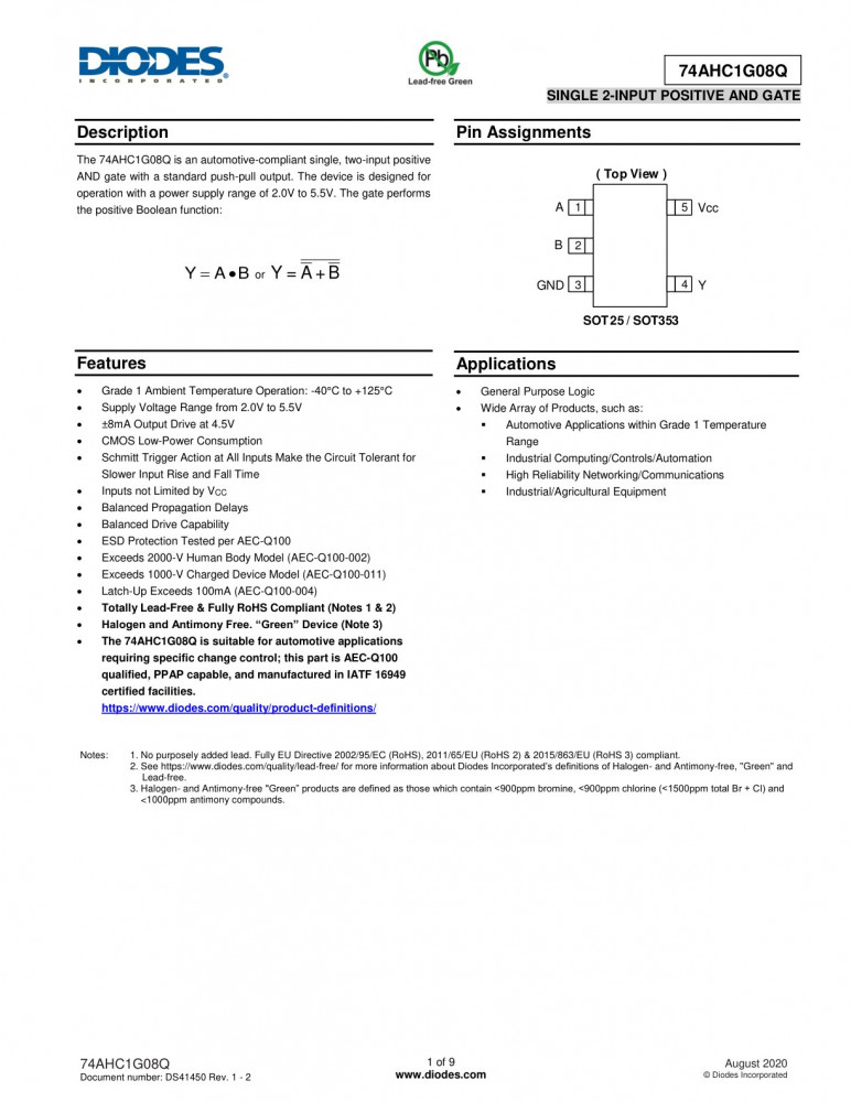 74AHC1G08QSE-7 datasheet page 1