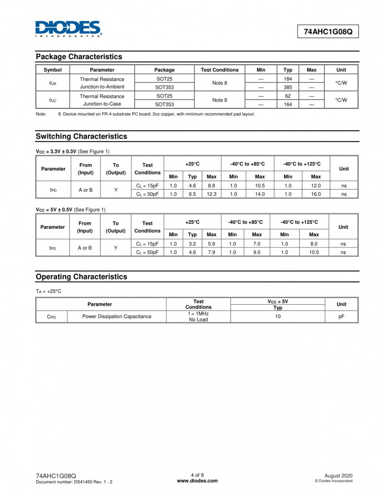 74AHC1G08QSE-7 datasheet page 4