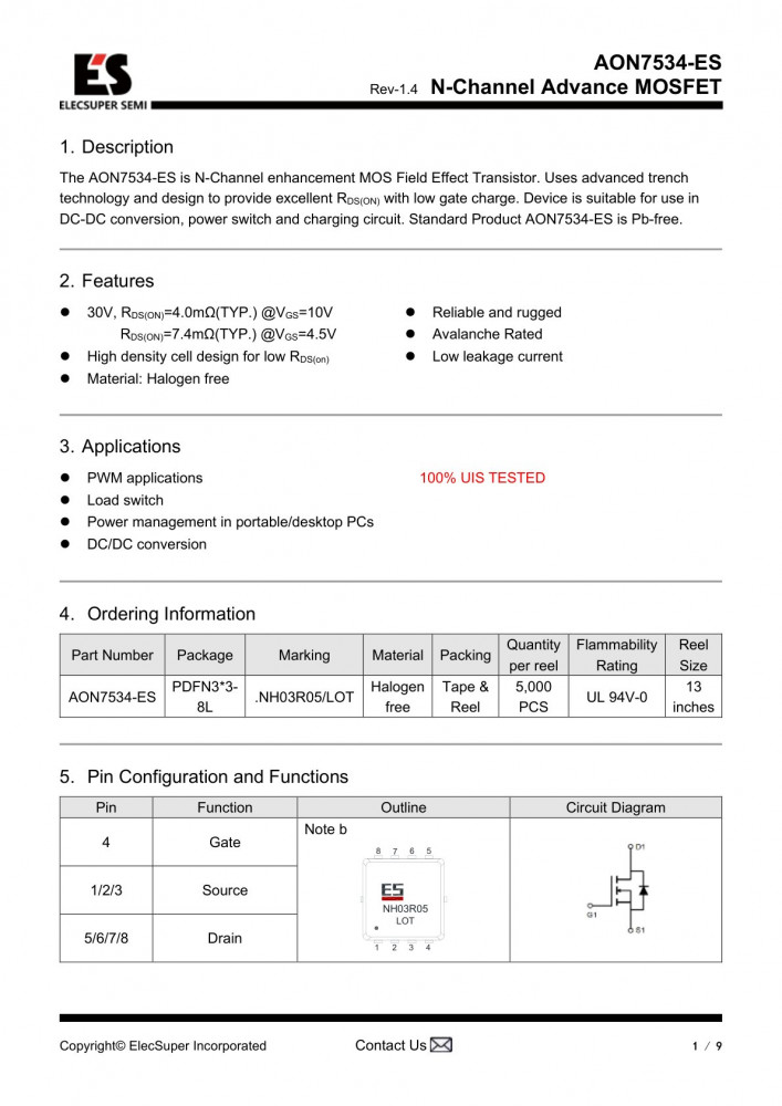AON7534-ES datasheet page 1